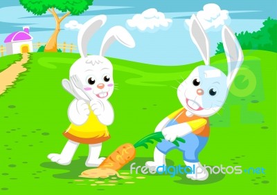 Couple Rabbits And Big Carrot Stock Image - Royalty Free Image ID 10023943