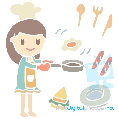Cute Girl Cooking Breakfast, Cartoon Illustration Stock Image - Royalty ...