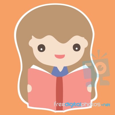 Cute Cartoon Girl Reading Book