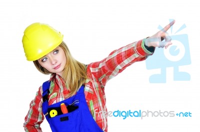 Female Worker Pointing Up Stock Photo - Royalty Free Image ID 10064834