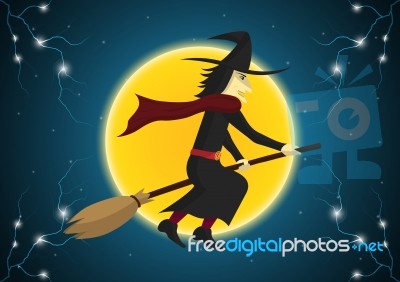 Halloween Witch Broom Moon Thunderbolt Stock Image - Royalty Free Image ...