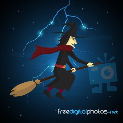 Halloween Witch Flying On Broom And Thunderbolt Stock Image - Royalty ...