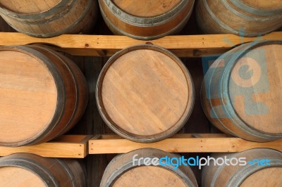 Horizontal Wooden Wine Barrels In Cellar Shelf Stock Photo - Royalty ...