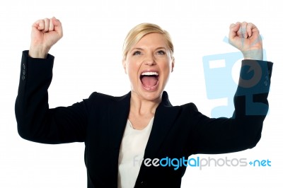 Lady Shouting With Arms Up Stock Photo - Royalty Free Image ID 10081493