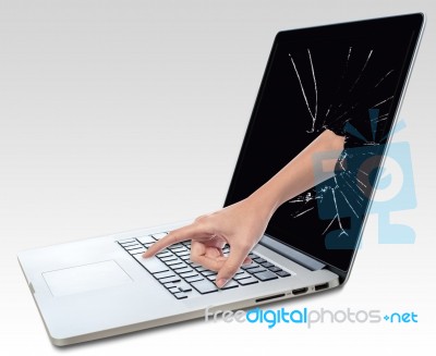 Laptop With Broken Screen And Hand Stock Photo - Royalty Free Image ID ...