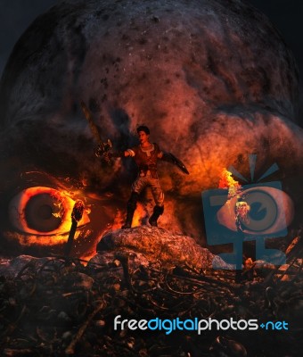 Man Lost In Monster Cave Full With Piles Of Bones,3d Illustration Stock ...