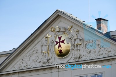 Red Cross On The Facade Of The Charles Bridge Museum In Prague Stock ...