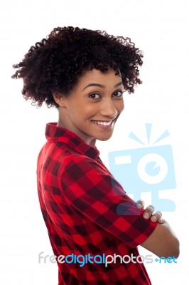 Side Profile Of Slim Young Smiling Woman, Arms Crossed Stock Photo ...