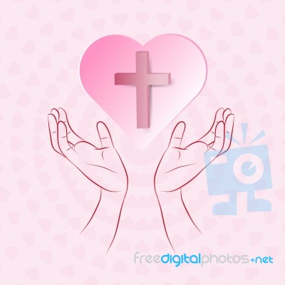 True Cross In Pink Heart Floating Over Human Hand On Pink Backgr… Stock ...